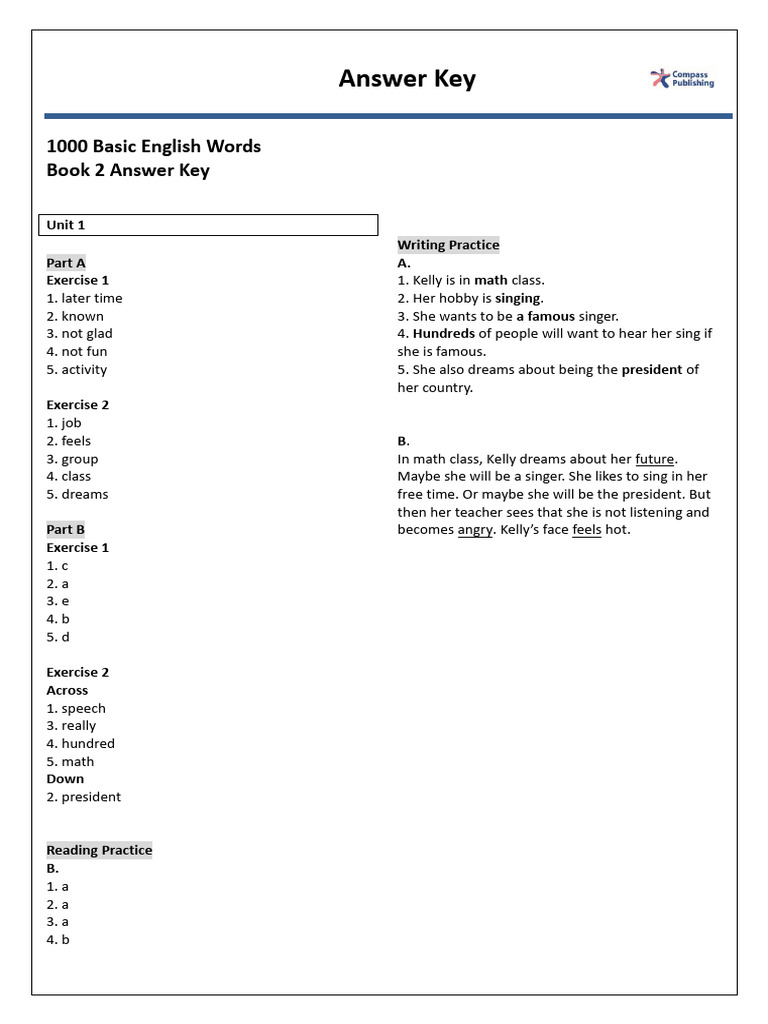 1000 Basic English Words 2 - Answer Key | PDF
