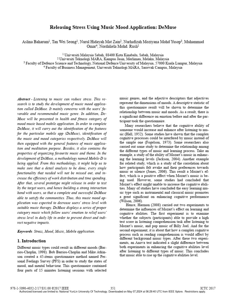 Releasing Stress Using Music Mood Application DeMuse | PDF | Stress (Biology) | Mental Health