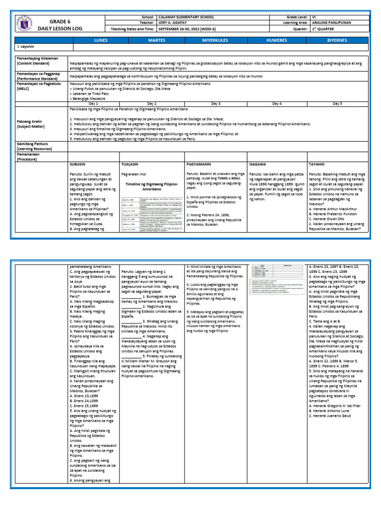 Melc-Based Grade 6 DLL Quarter 1 Week 6 | PDF