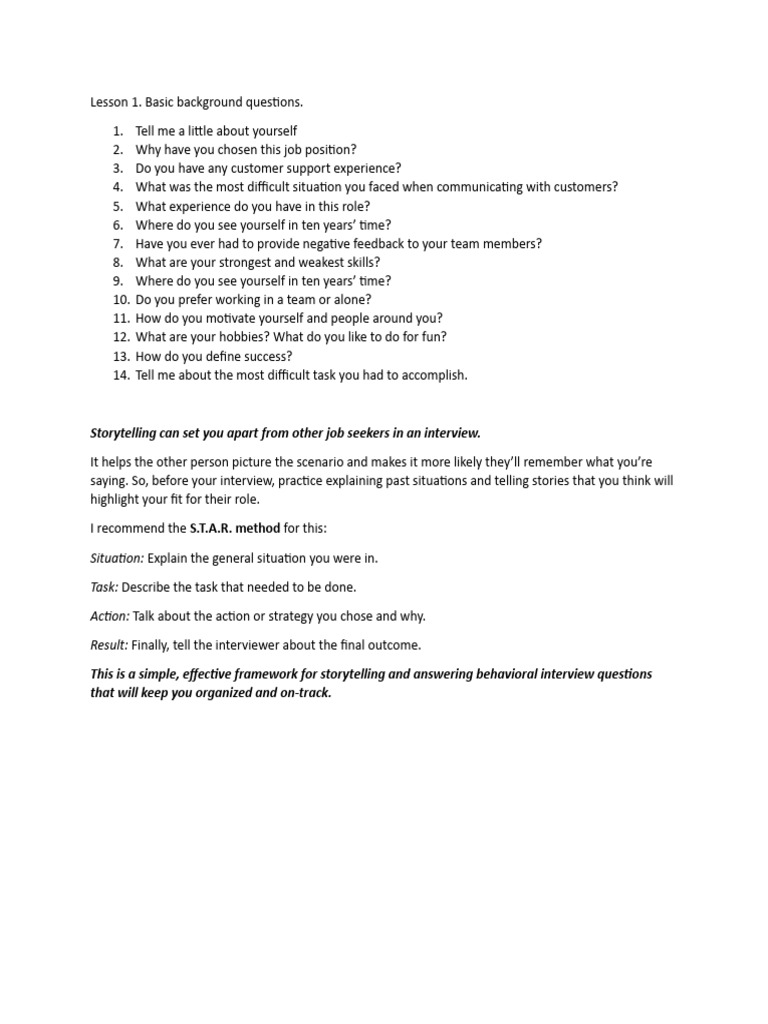 Lesson 1. Basic Background Questions. | PDF