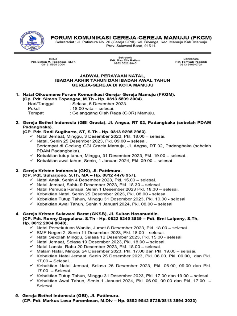 Jadwal Perayaan Natal Gereja FKGM 2023 | PDF