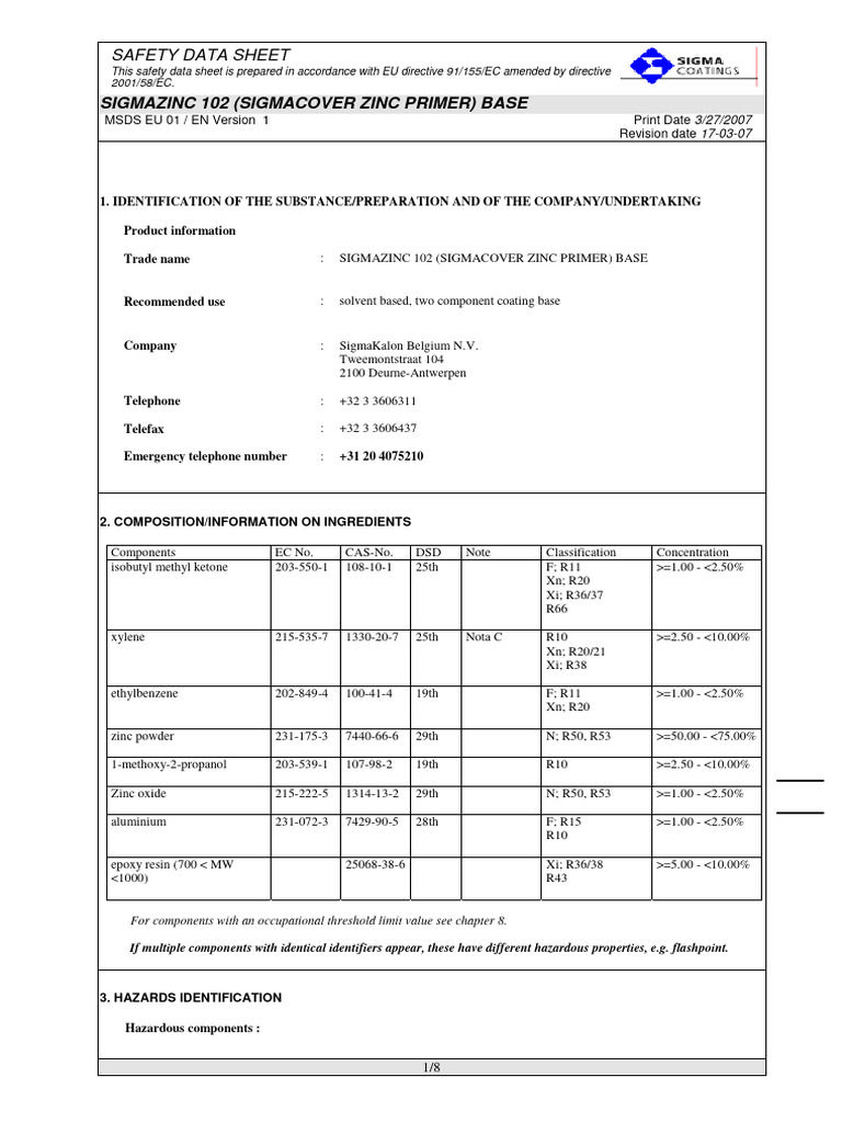 Msds Sigmazinc 102 (Sigmacover Zinc Primer) Base (Eng) (Sk-17!03!07leg-Mt) | PDF | Carbon ...