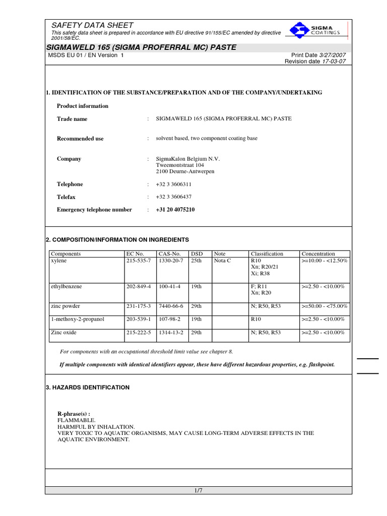 MSDS SIGMAWELD 165 (SIGMA PROFERRAL MC) PASTE (ENG) (sk-17-03-07leg-MT) | PDF | Carbon Dioxide ...