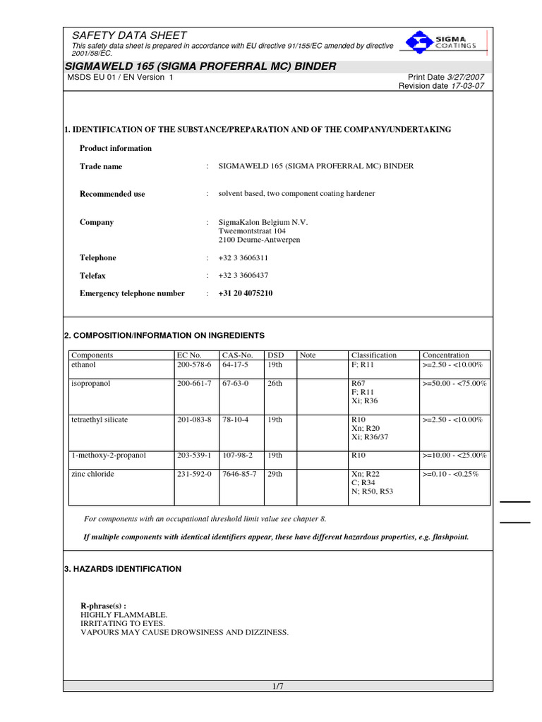 MSDS SIGMAWELD 165 (SIGMA PROFERRAL MC) BINDER (ENG) (sk-17-03-07leg-MT) | PDF | Toxicity ...