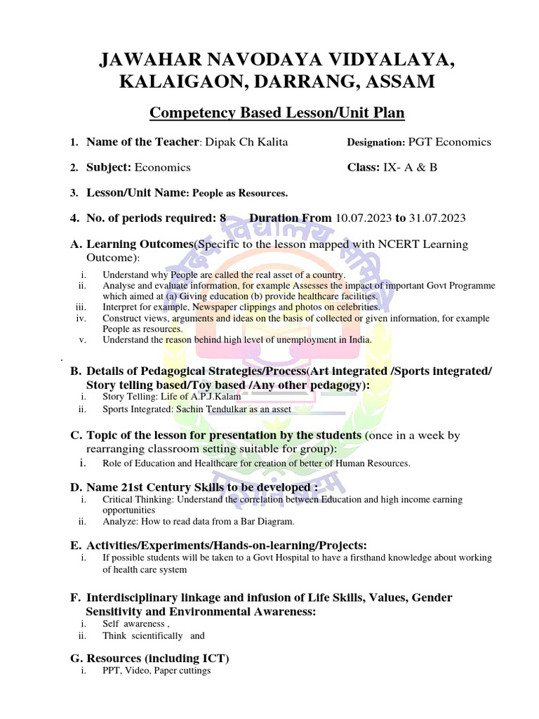 CBE LESSON PLAN OF People As Resources | PDF | Pedagogy | Learning