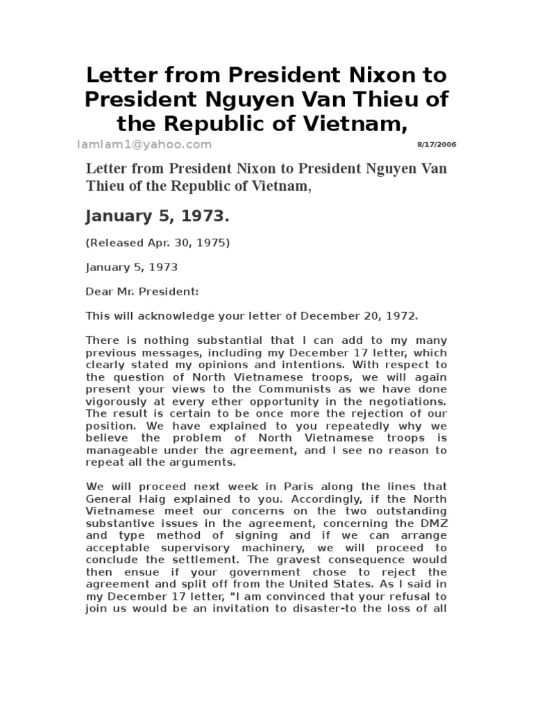Nixon's Letter to President Thieu | PDF | Vietnam War | Richard Nixon