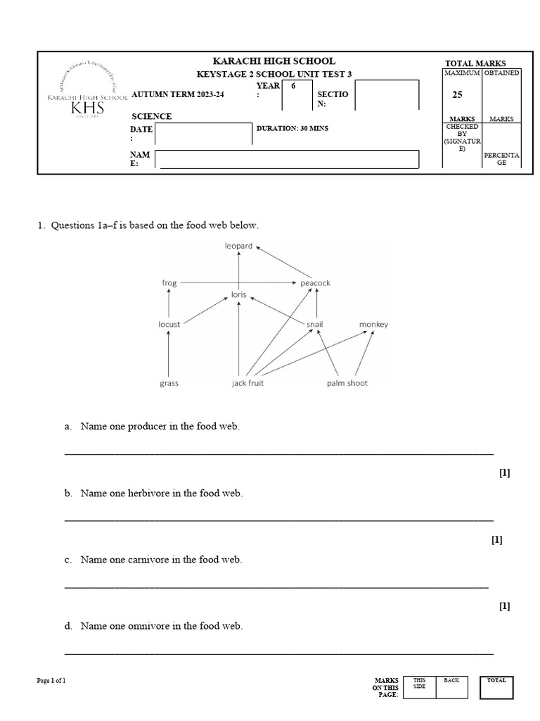 Key Stage 2 Science Unit Test 2023 | PDF | Foods | Predation