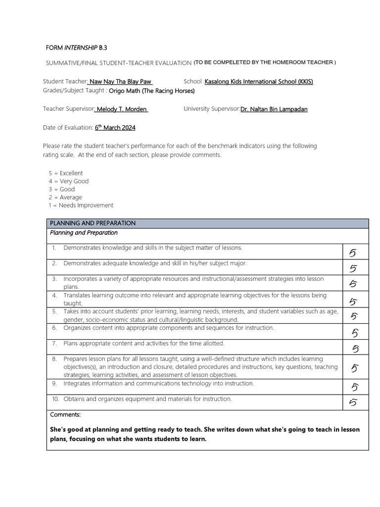Summative Final Student-Teacher Evaluation Compeleted by Homeroom ...