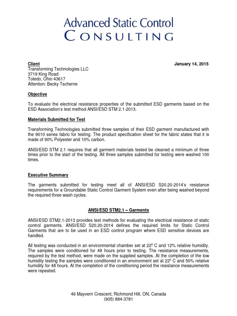 ESD Garment Resistance Test Results | PDF | Electrostatic Discharge ...