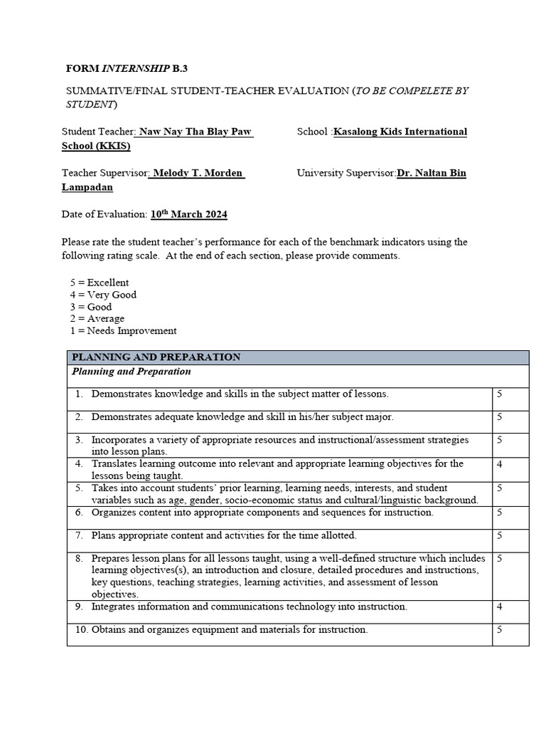 Summative Final Student Teacher Evaluation Pdf Teachers