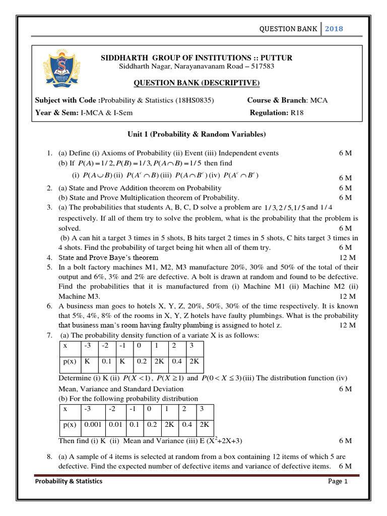 MCA Probability & Stats QBank | PDF | Probability Distribution ...