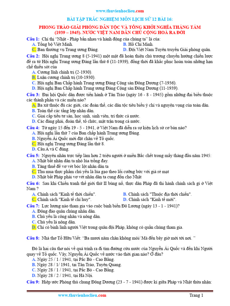 Trac Nghiem Lich Su 12 Bai 16 | PDF