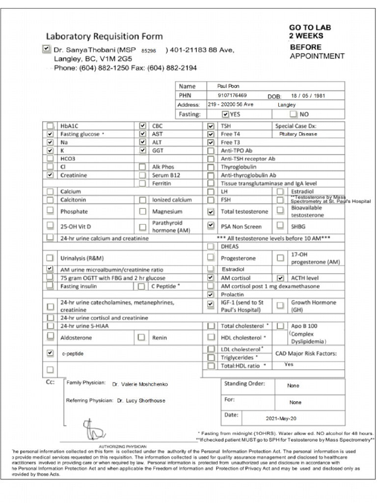 2024-Jan-29 Lab Requisition - Pituitary Male | PDF