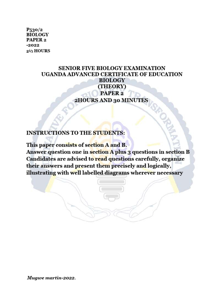 Senior Five Biology Examination Uganda Advanced Certificate of ...