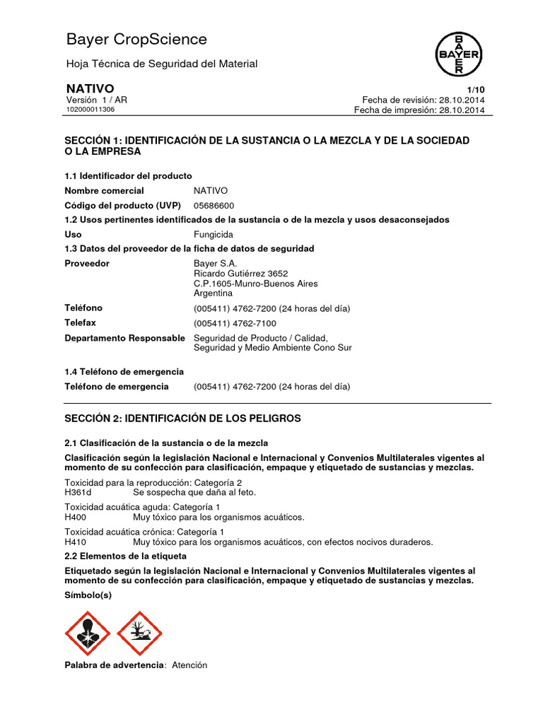 Hoja de Seguridad: Fungicida NATIVO | PDF | Toxicidad | Residuos