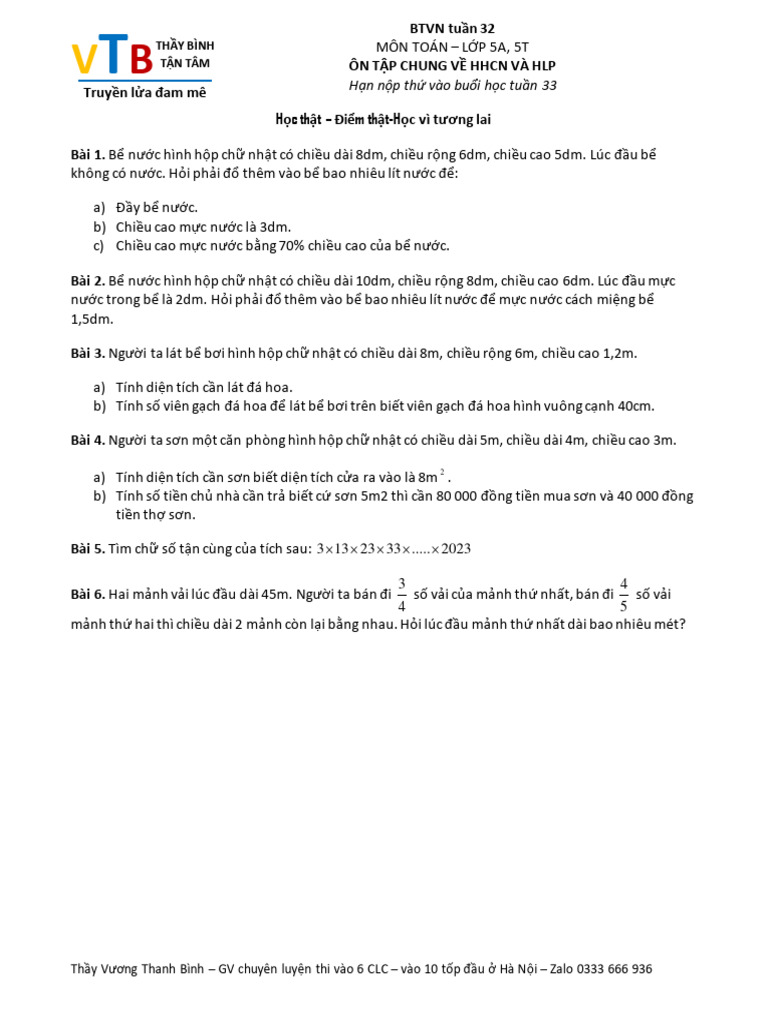 Tuần 32. BTVN. Ôn tập chung về HHCN và HLP | PDF