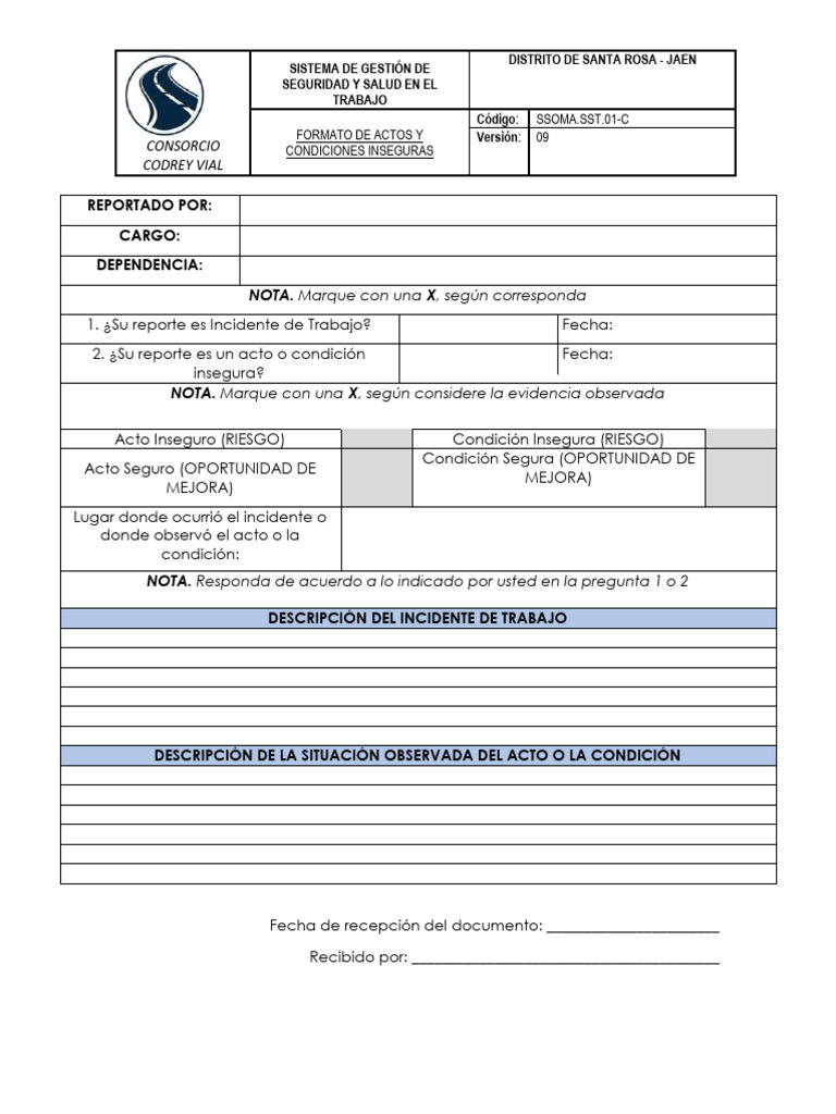 Formato Reporte de Incidentes Actos y Condiciones Inseguras. VR 01 28 ...