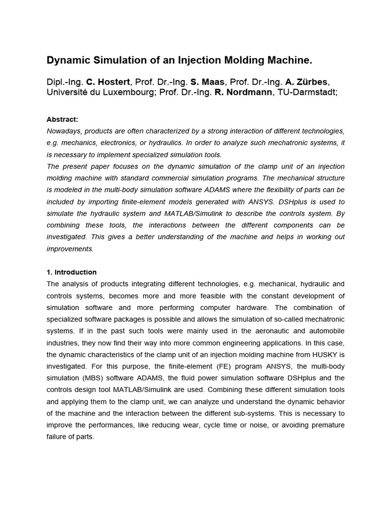 Dynamic Simulation of An Injection Molding Machine. | PDF | Simulation | Machines