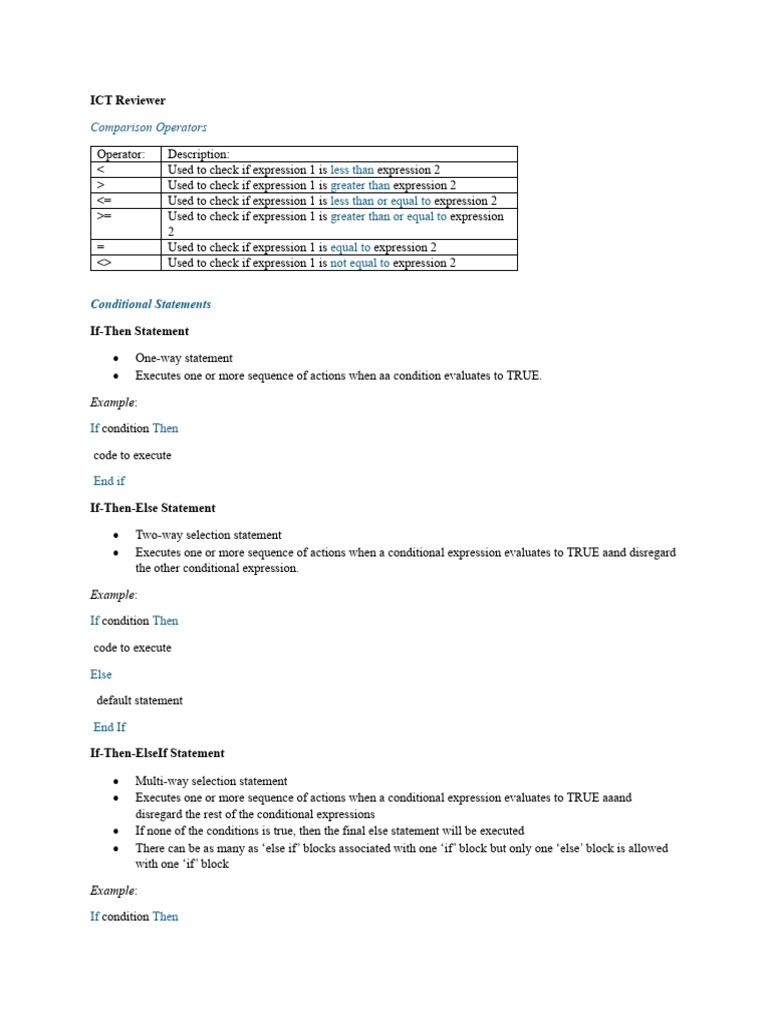 ICT Review: Operators & Conditional Logic | PDF | Computer Programming | Logic