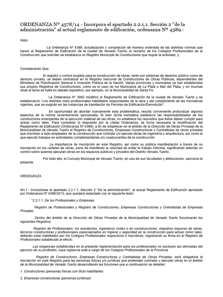 ORDENANZA #4578/14 - Incorpora El Apartado 2.2.1.1. Sección 2 "De La Administración" Al Actual ...