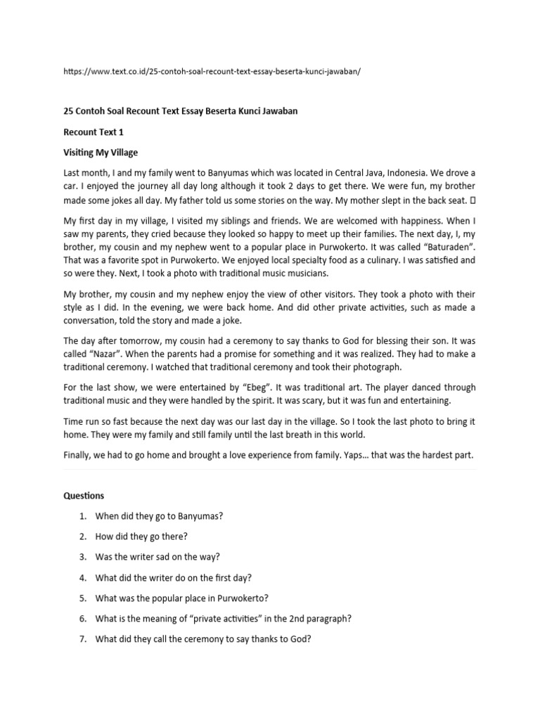 25 Contoh Soal Recount Text Essay Beserta Kunci Jawaban | PDF | Art