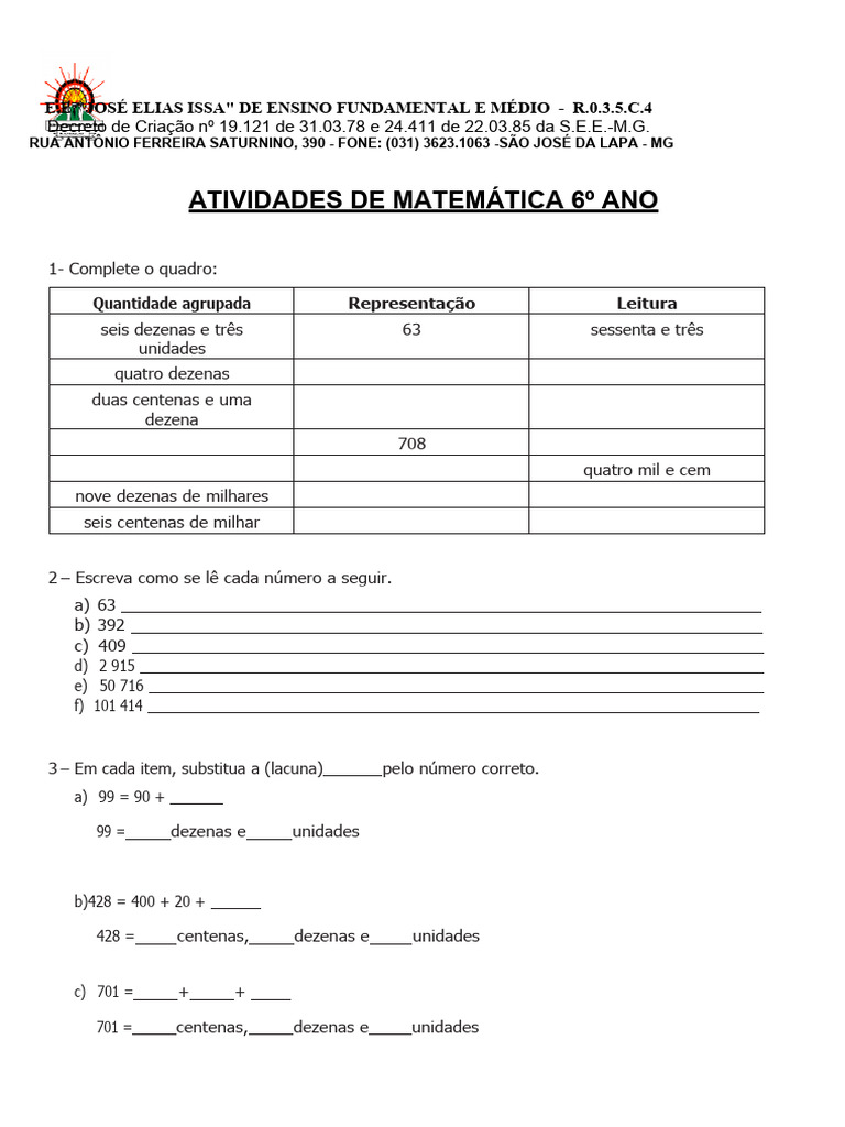ATIVIDADES SISTEMA DE NUMERAÇÃO DECIMAL 6º ANO -2023 | PDF ...