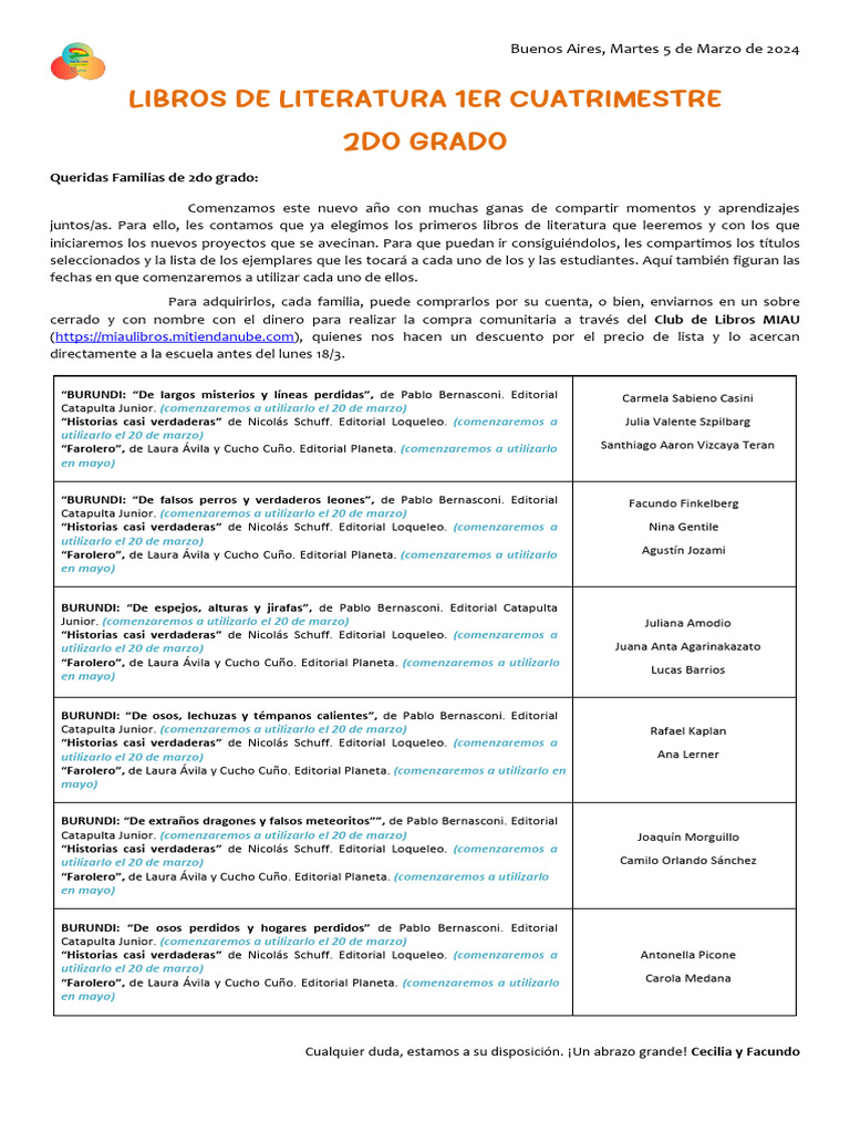 Nota Pedido de Libros de Castellano - 1er Bimestre - 2do Grado 2024 | PDF