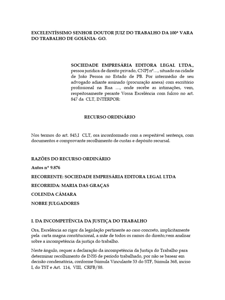 Recurso Ordinário Trabalhista | PDF | Sentença (jurídico) | Direito Comum