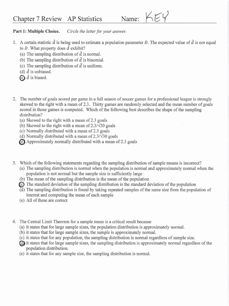 KEY AP Stats CH7 Review KEY | PDF