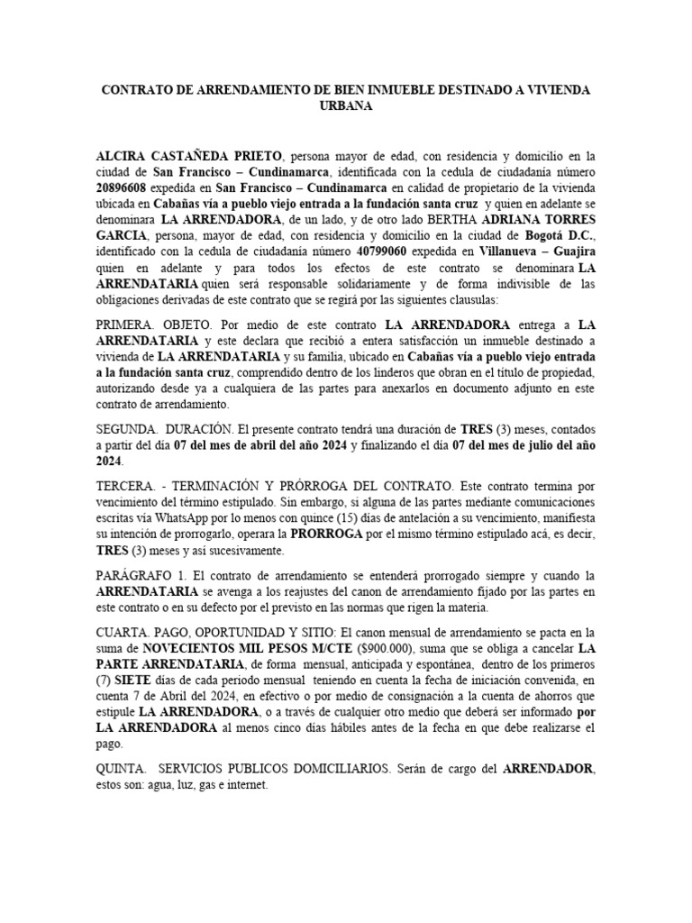 Contrato de Arrendamiento de Bien Inmueble Destinado A Vivienda Urbana | PDF