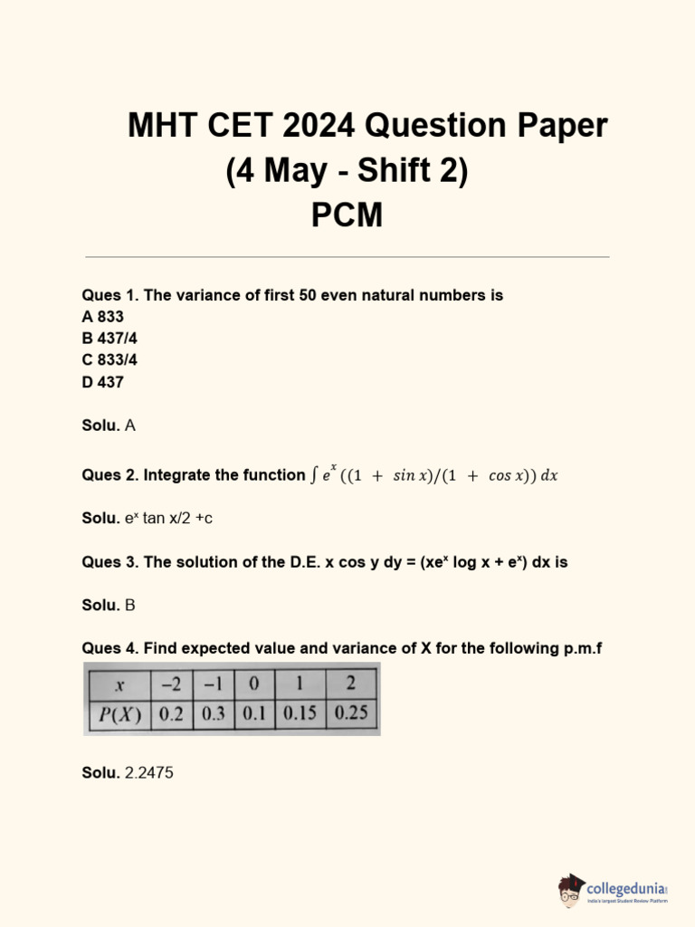 MHT CET 2024 Question Paper 4 May Shift 2 PCM | PDF