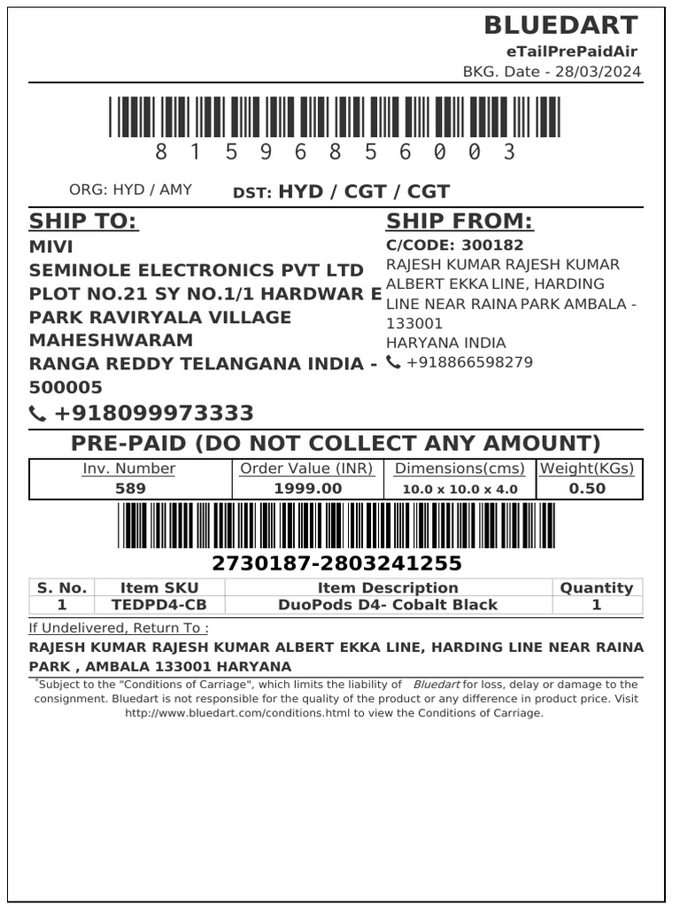 Bluedart eTail PrePaid Air Shipment | PDF