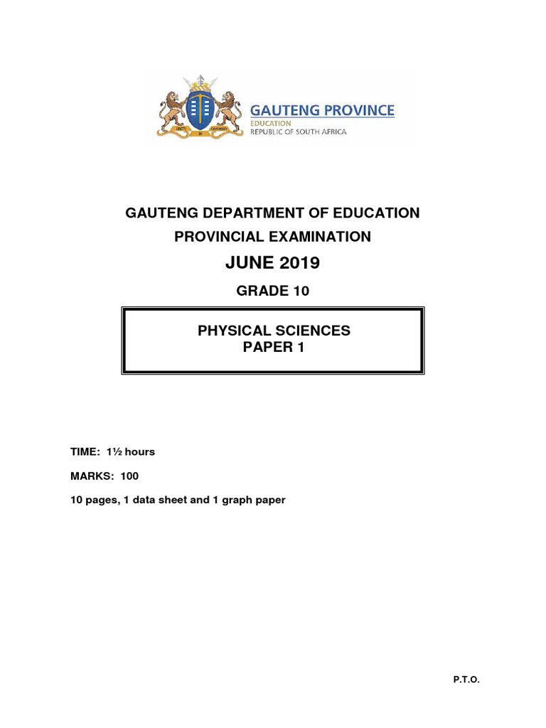 Grade 10 Provincial Exam Physical Sciences P1 (English) June 2019 Question Paper | Download Free ...