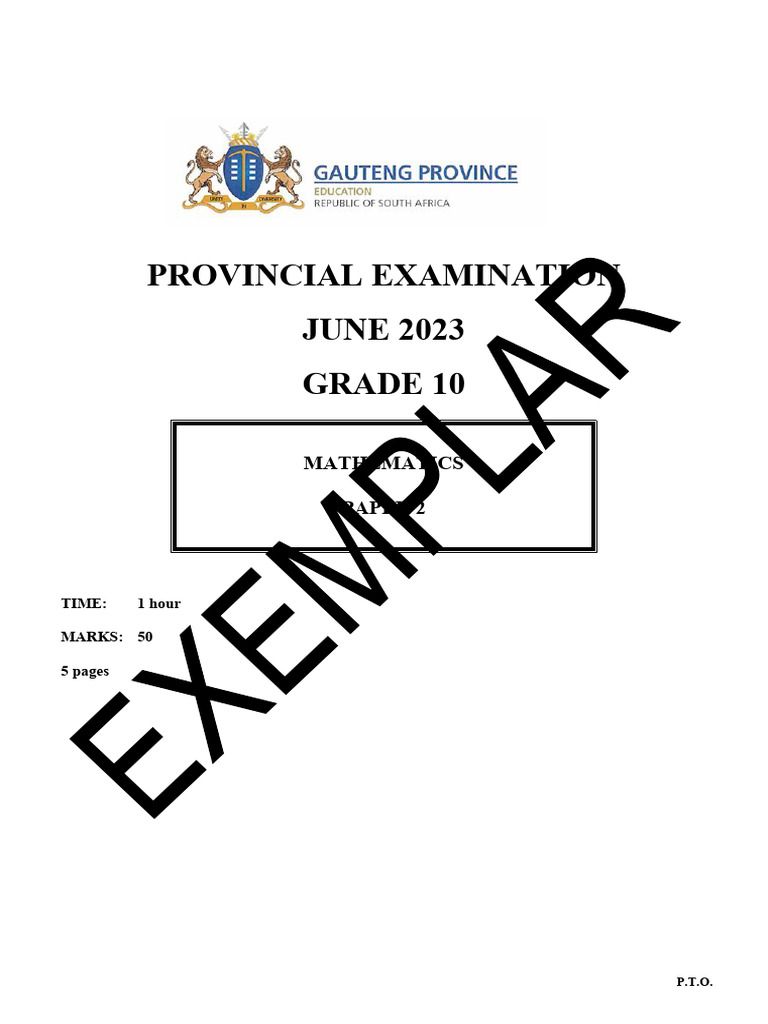 Grade 10 Provincial Examination Mathematics P2 (English) June 2023 Question Paper | PDF ...