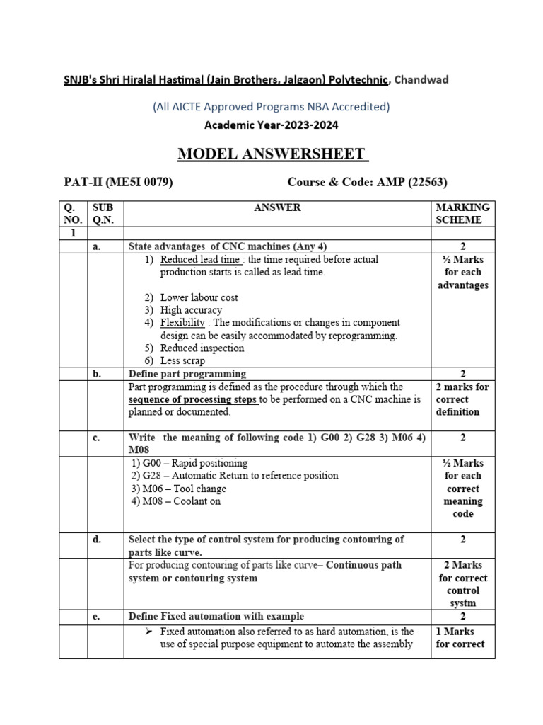 Model Answersheet For Amp Pat2 2023 24 | PDF | Feedback | Control Theory