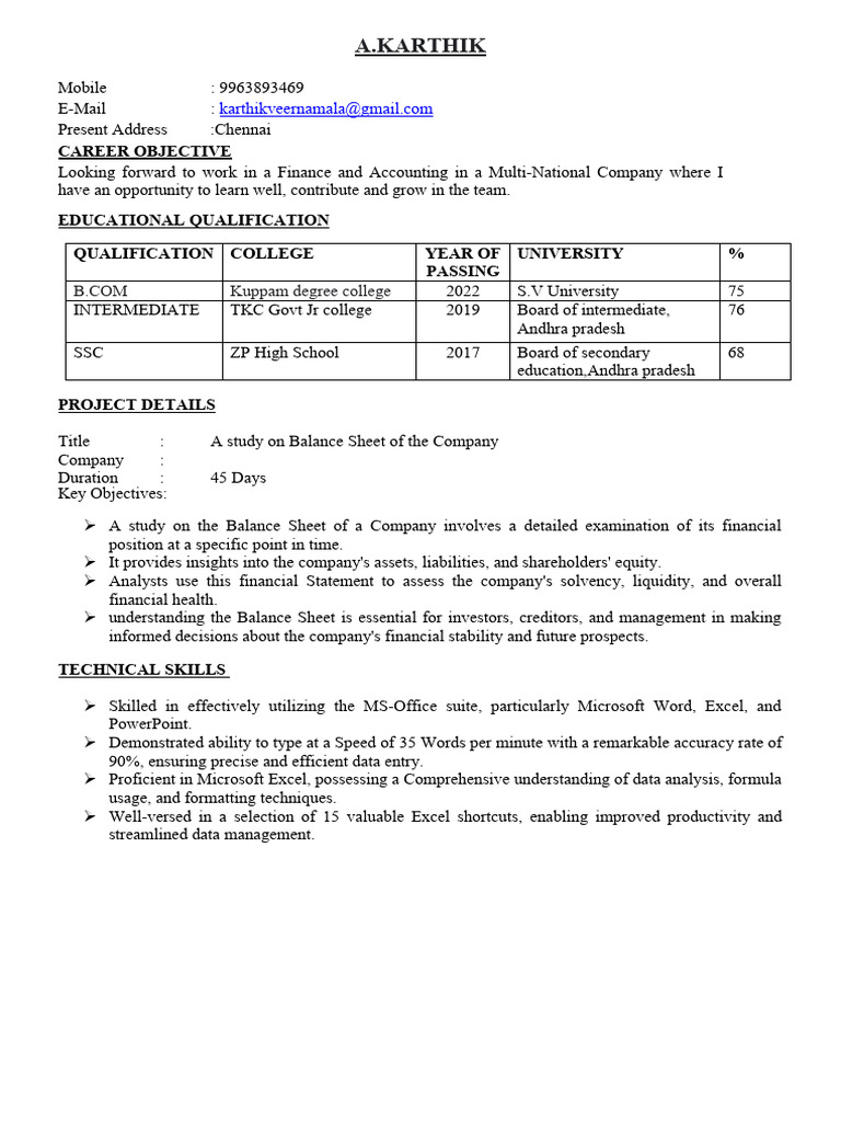Karthik Word Resume | PDF | Balance Sheet | Microsoft Excel
