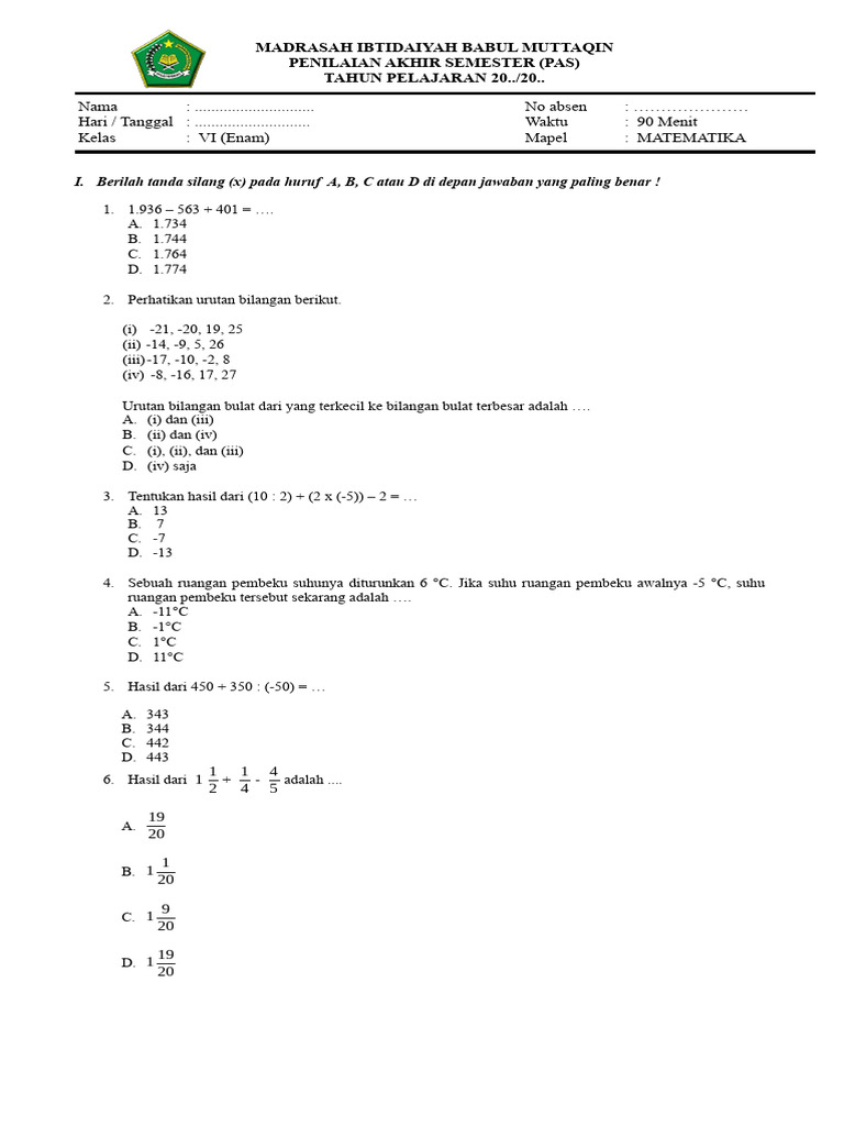 Soal Pas MTK Kelas Vi k13 | PDF