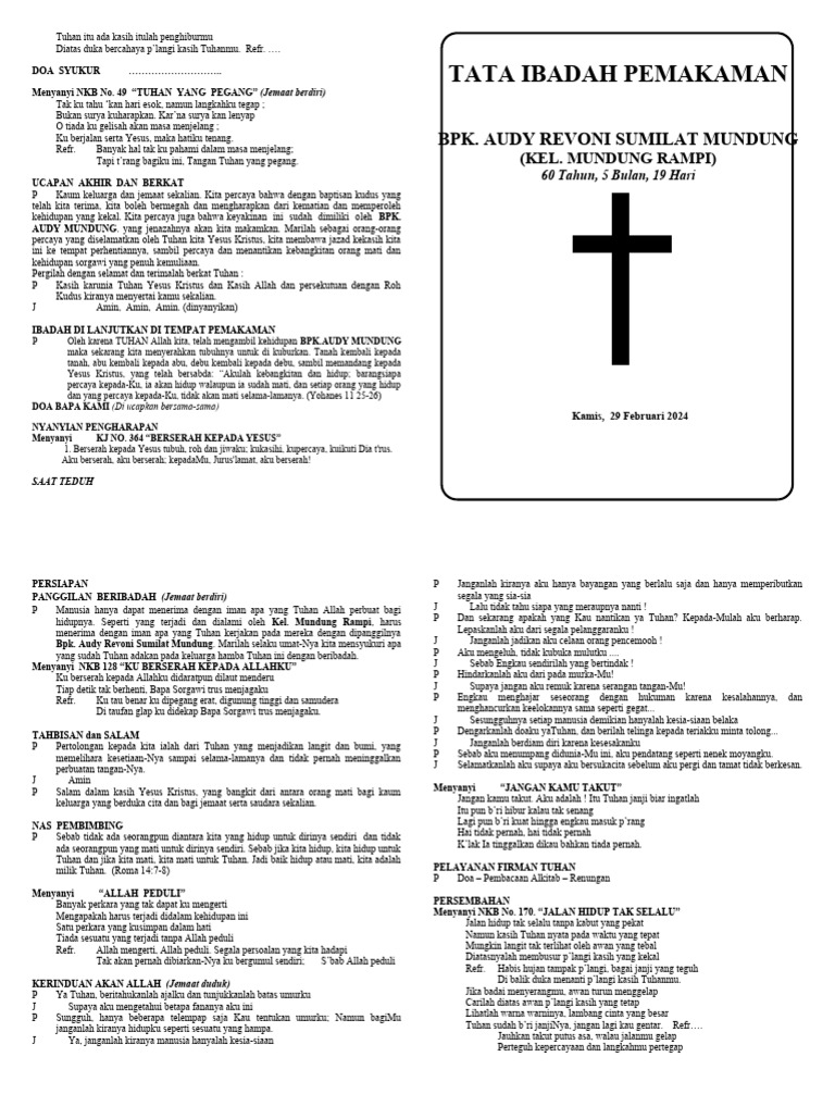 Tata Ibadah Pemakaman BPK Audy Mundung | PDF