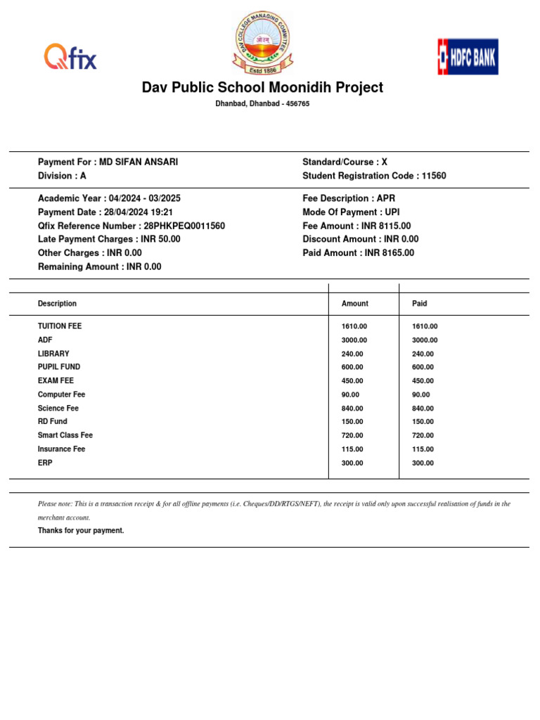 Qfix Payment Receipt 28phkpeq0011560 | PDF | Payments | Fee