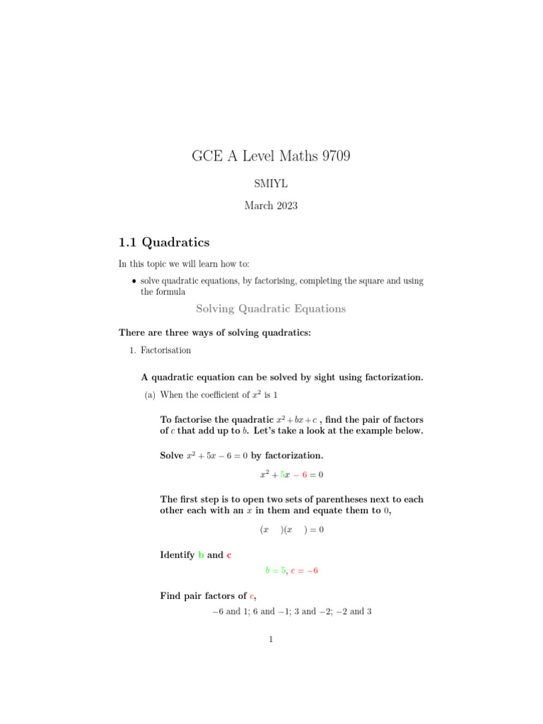 GCE AS Level Quadratics Solving Quadratic Equations | PDF | Factorization | Quadratic Equation