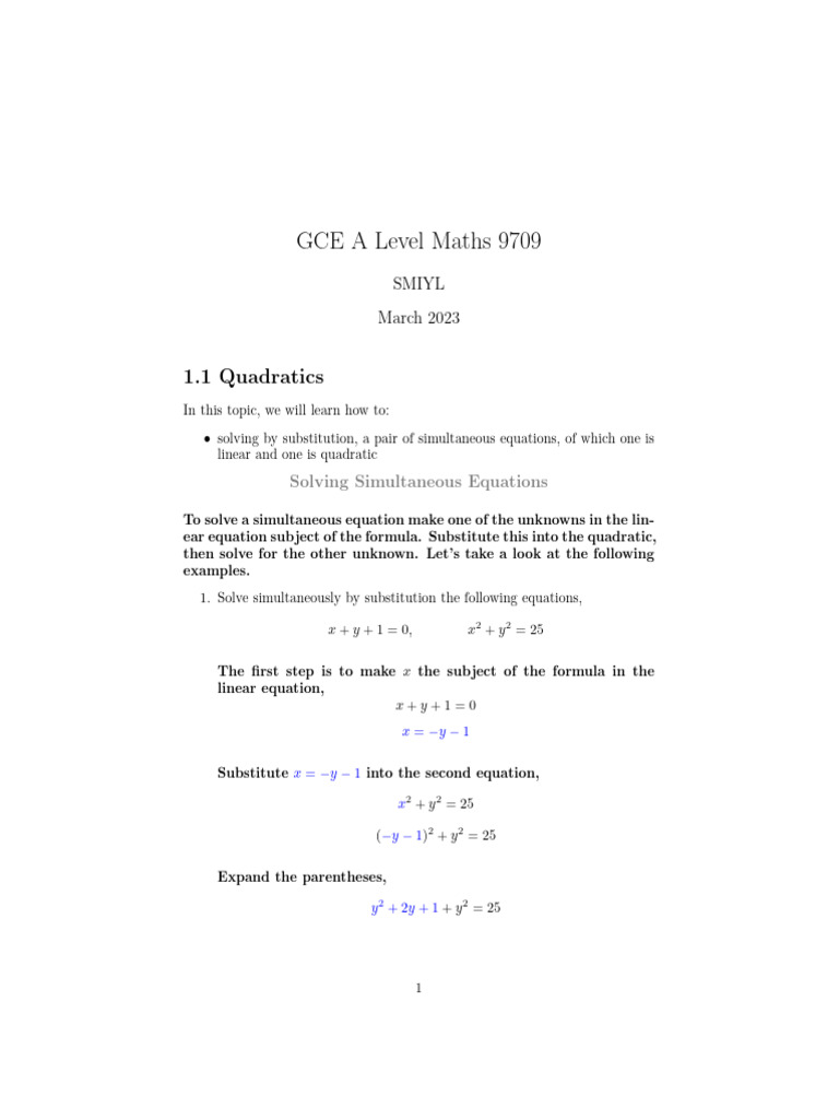 GCE As Level Quadratics Solving Simultaneous Equations | PDF ...