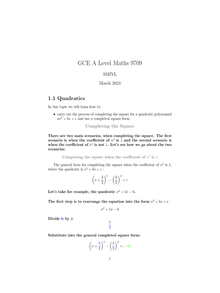 GCE AS Level Quadratics Completing The Square | PDF | Quadratic Equation | Algebra