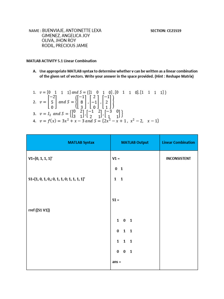 MATLAB 5.1 - Linear Combination-Group-2 | PDF | Linear Algebra | Algebra