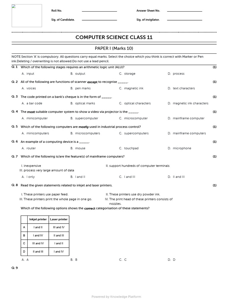 1 Computer Science XI Sample Exam Paper | PDF | Printer (Computing ...