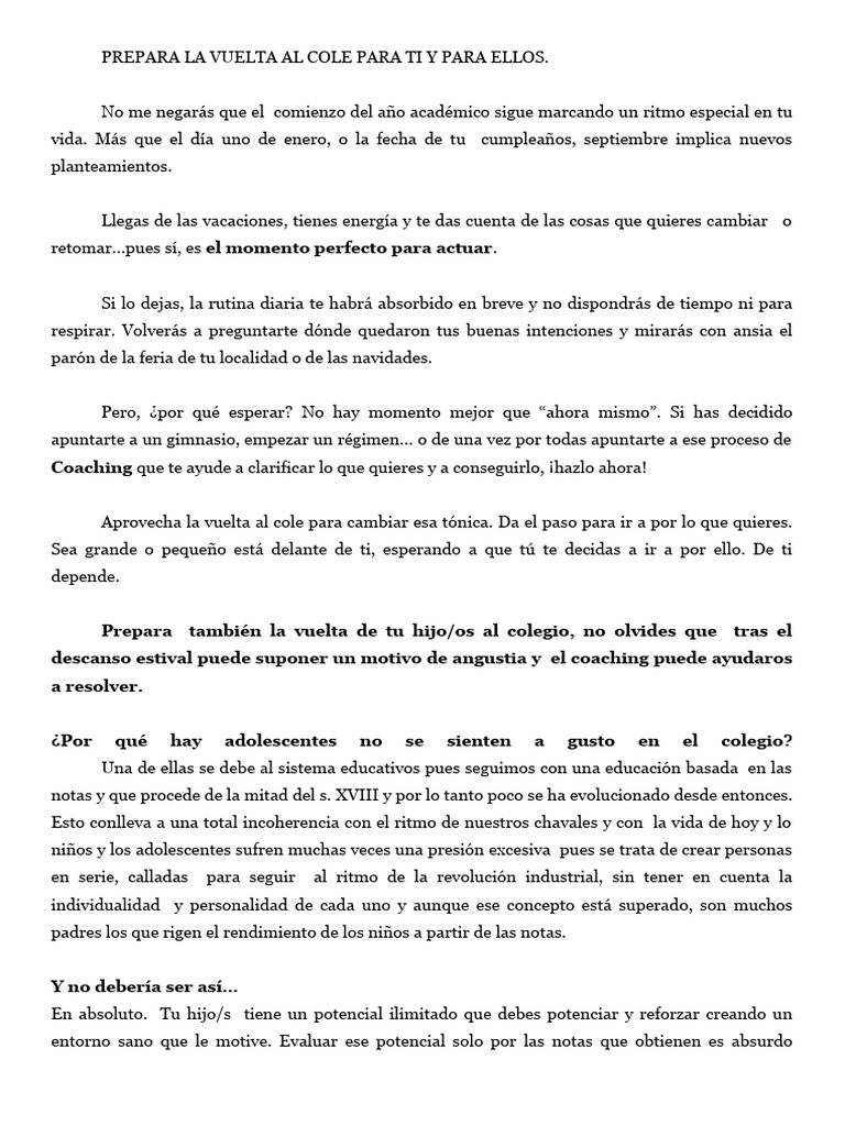 Vuelta al Cole: Coaching para Padres e Hijos | PDF | Autoestima ...