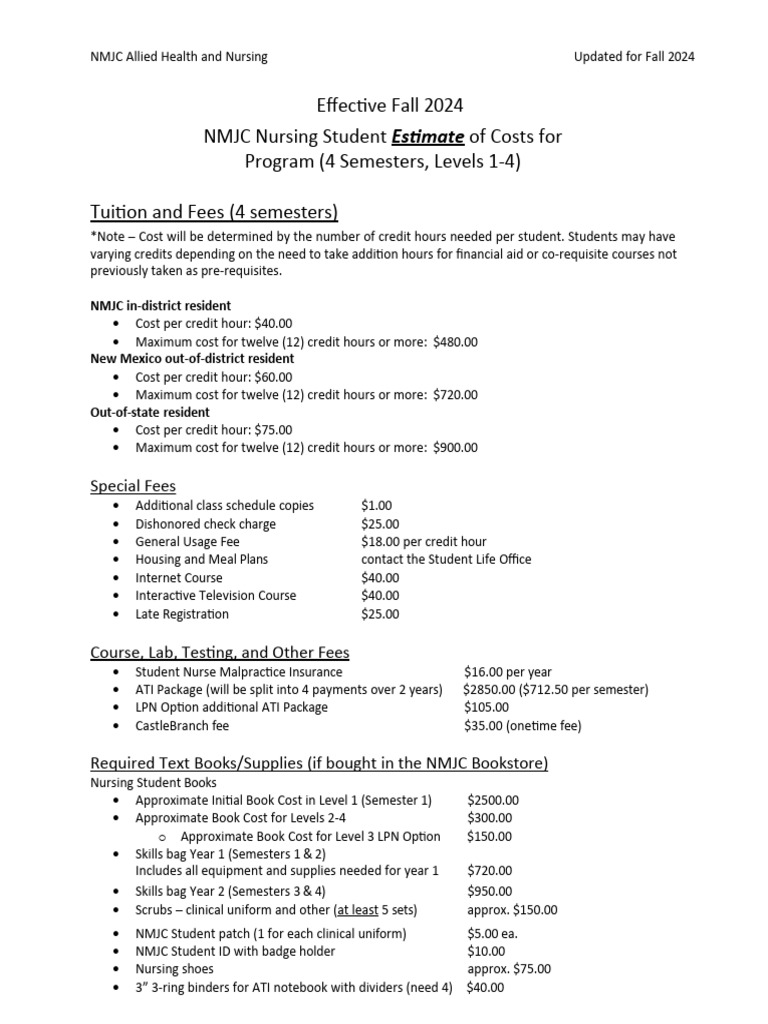 NMJC Estimate Costs Program Spring2024 | PDF | Course Credit | Fee