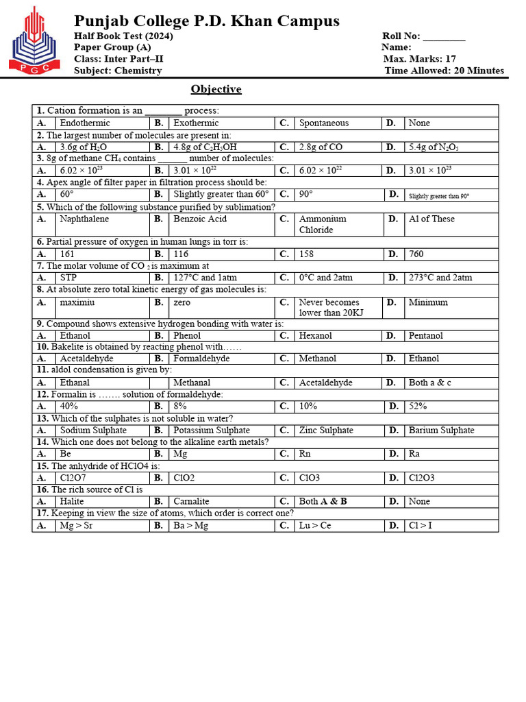 1st Year Half Book Chem Objective | Download Free PDF | Formaldehyde ...