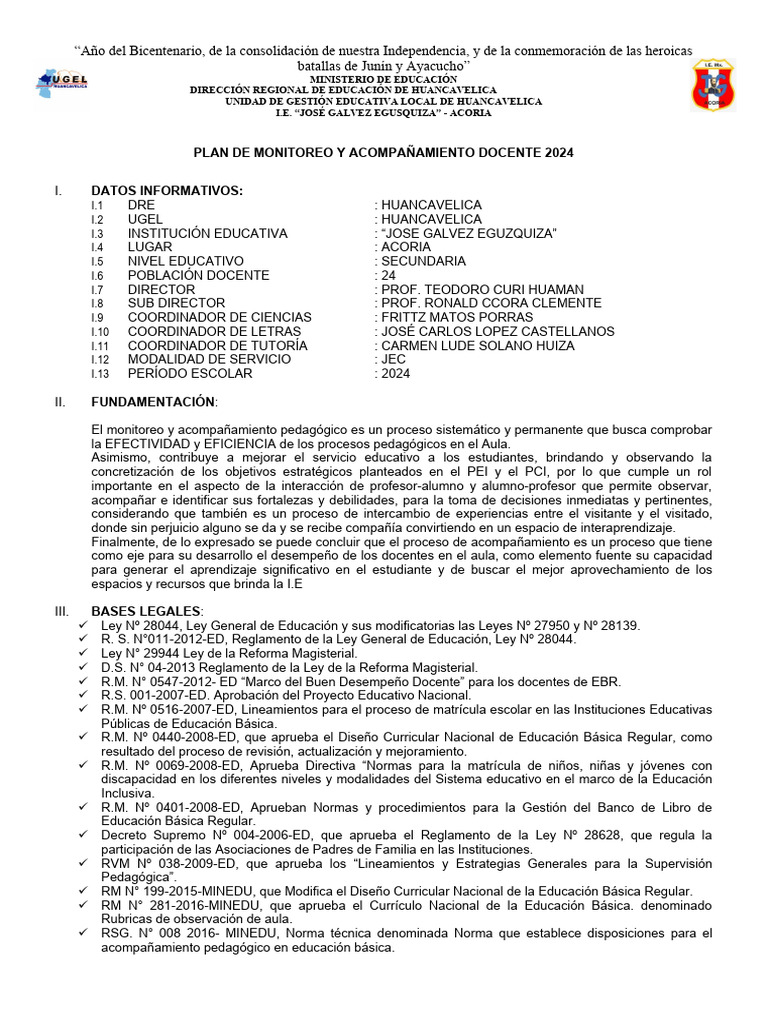 Plan de Monitoreo y Acompañamiento Docente 2024-Jge-Acoria | PDF ...