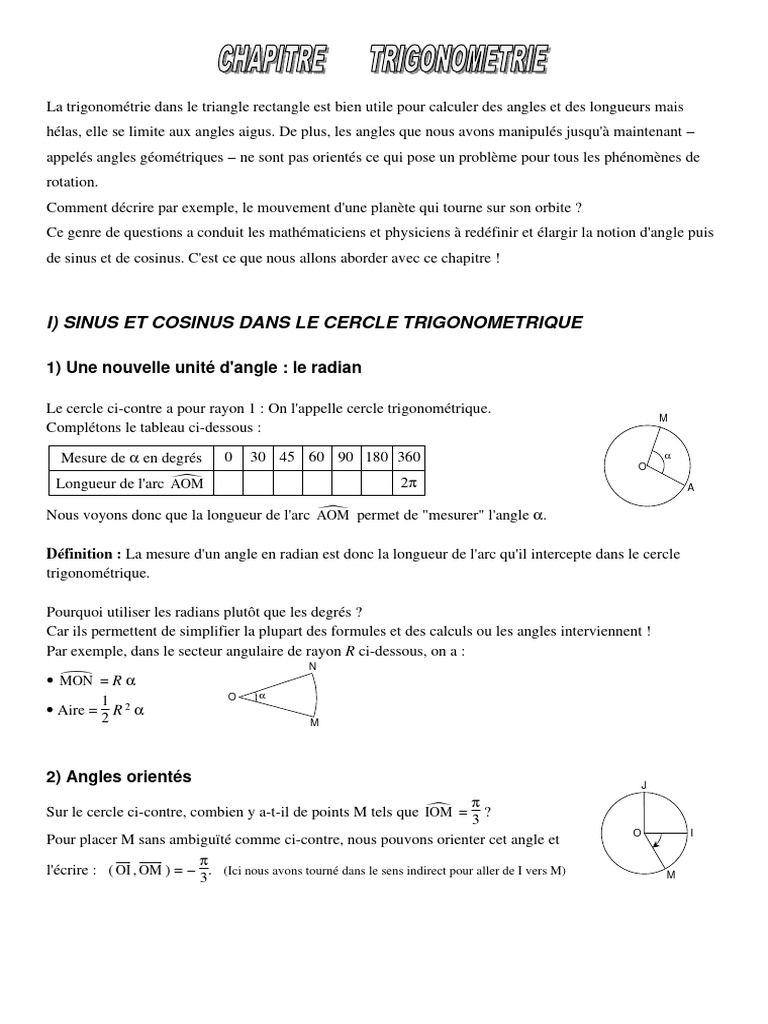 Trigonométrie : Sinus et Cosinus en Radians | PDF | Angle | Fonction trigonométrique