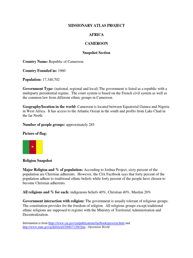 Cameroon Country Profile Overview | PDF | Cameroon | Christian Mission